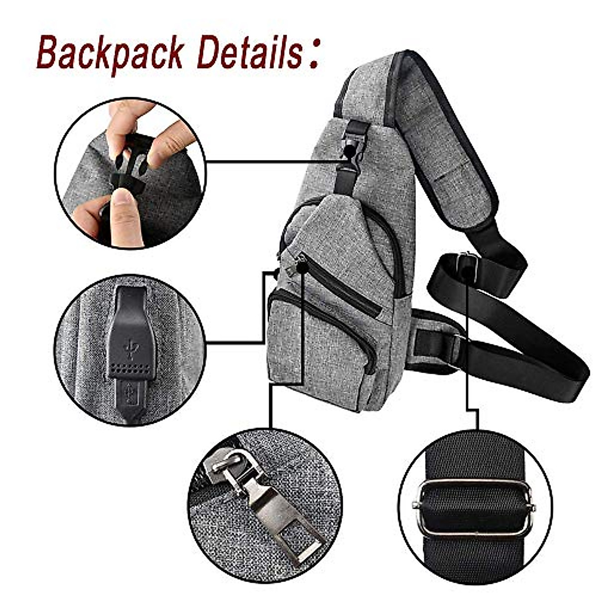 Sling Bag - Shoulder Backpack Chest Bags Crossbody Daypack for Women & Men with USB Charging Port for Travel/Hiking/Outdoor Sport (S-Grey)