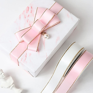 VIVIQUEN Pink Double Faced Satin Ribbon with Gold Edge, 1” Polyester Continuous Ribbon -25 Yards,Wide Ribbon for Gift Wrapping,Wedding,Bows Bouquet,Floral Arrangement and Craft
