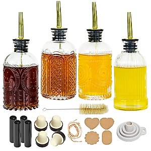Oudizz 4pcs Syrup Dispenser Bottles for Coffee Bar, 7oz Simple Glass Syrup Bottle Set with Metal Pour Spout Ideal and labels for Syrups