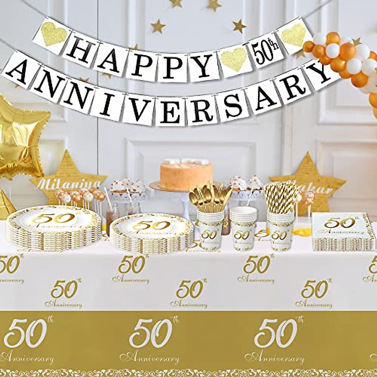 APOWBLS 50th Anniversary Decorations Tablecloth - Disposable Golden 50th Wedding Anniversary Table Decorations, for Happy 50th Wedding Anniversary Party Supplies Table Cove - 4 Pack (54in x 108in)
