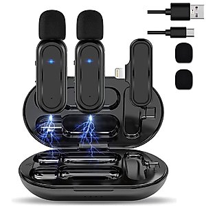 2 Pack Wireless Lavalier Microphone for iPhone iPad, Professional Clip On Lapel Mic with 780MA Charging Case - 10H Plug-Play Noise Reduction 70FT for Video Recording Vlogging, YouTube, Interview