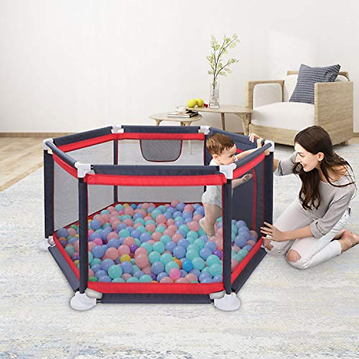 GrowthPic Baby Playpen, Playard for Baby - Safety Play Pen for Infant and Baby, with Sturdy Bases, Anti-Skid Pads, Lightweight, Navy Blue, 6-Panel
