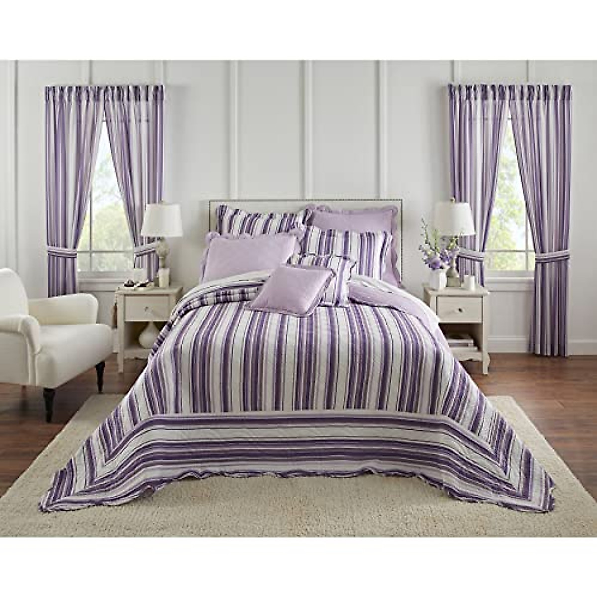 BrylaneHome Florence Quilted Oversized 100% Cotton Ultra Supreme Softness Bedspread - King, Lilac Stripe