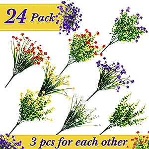 24 Bundles Artificial Flowers for Outdoors Spring Summer Plants Outside Plastic Faux Flower False Flowers for Home House Garden Hanging Planters Vase Indoor Outside Garden Porch Patio Decorations