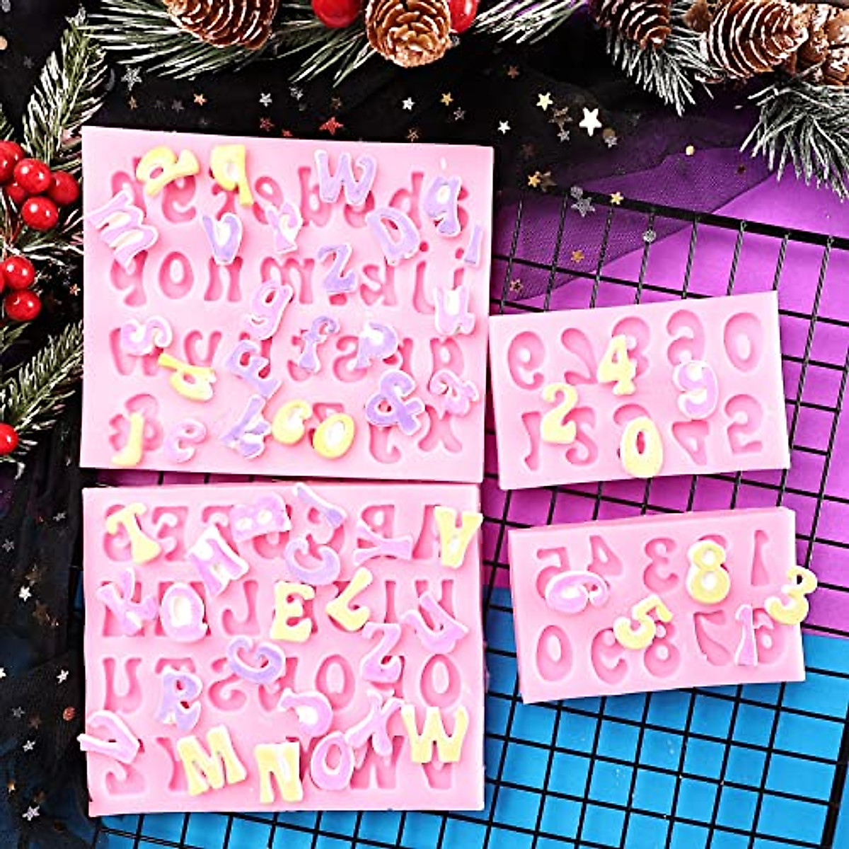 GELIFATLE Letters Molds and Numbers Molds, Silicone Fondant Mold Chocolate Molds, 0-9 Number and 26 Letters Silicone Molds for Baking Desserts and Cake Decoration (4 pack)