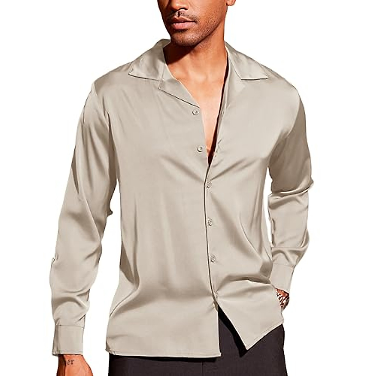 COOFANDY Men's Luxury Satin Dress Shirt Long Sleeve Silk Button Down Shirt Shiny Dress Shirt