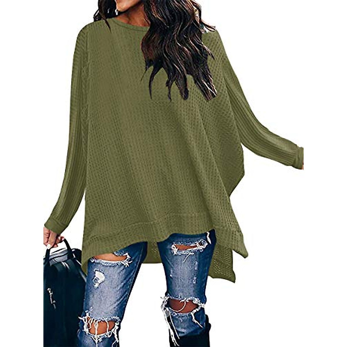 ANRABESS Sweaters for Women Oversized Long Batwing Sleeve Crewneck Waffle Knitted High Low Hem Casual Cozy Cute 2023 Fall Tunic Pullover Tops Poncho A138junlv-S Army Green