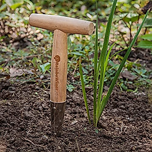 RainboWiner Garden Hand Dibber with Measurements, Bulb Planter Tool - 11 Inch Wooden Handle Stainless Steel Handheld Gardening Dibbler for Garlic Tulip Daffodil Vegetable Seed Planting