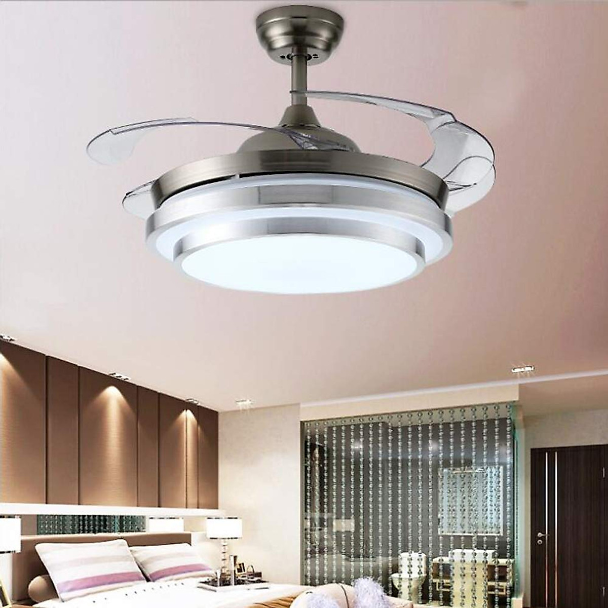 Southerns Lighting 42" Invisible Ceiling Fan with Retractable Blades and Remote Ceiling Fan Light Kit for Bedroom Livingroom Low Profile Kitchen eCiling Fan with Light (Silver-04)