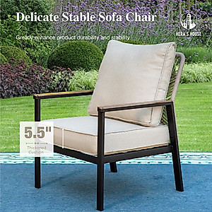 HERA'S HOUSE Patio Furniture Set, 2 x High Back Cushioned Leg Chair, 1 x 3-Seat Sofa with Wood Grain Coffee Table, All-Weather Rattan 5 Seats Outdoor Furniture for Lawn Garden Backyard Deck