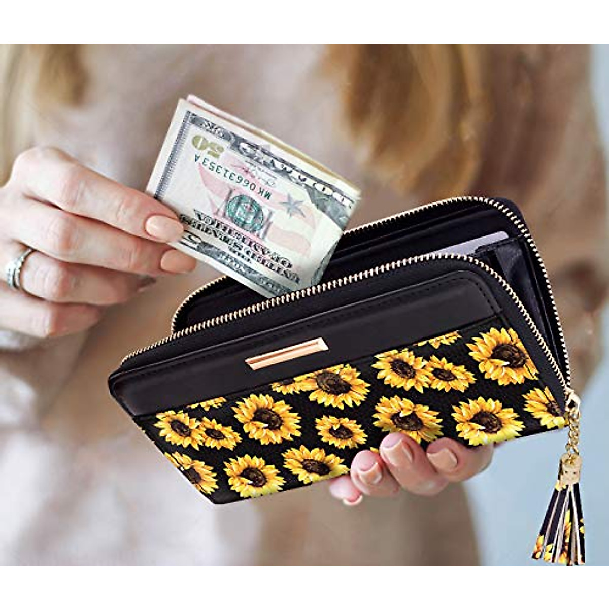 Women Wallets Multi Card Case Wallet Clutch Wallet Card Holder Organizer Ladies Purse Floral Tassel Wrist strap Purse,Sunflower