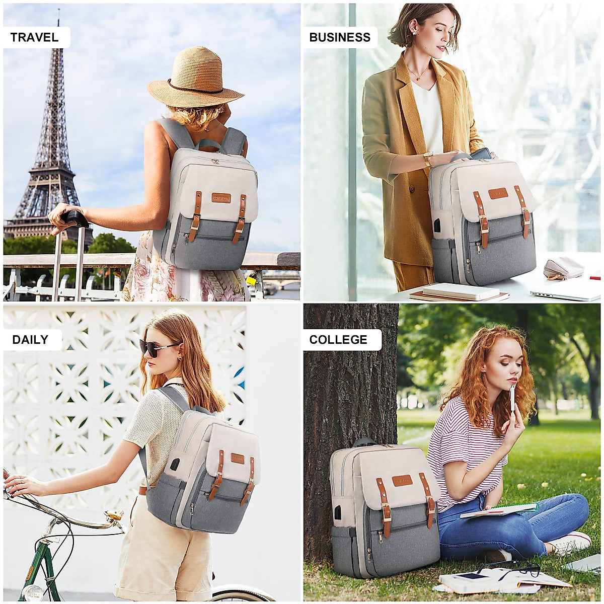 LOVEVOOK Laptop Backpack for Women Men 15.6 Inch,Travel Backpack for Women Fashion,Backpack Purse Laptop Bag Work Bag Bookbags,Nurse Teacher College School Backpack,Back Pack with USB Port,Beige-Grey