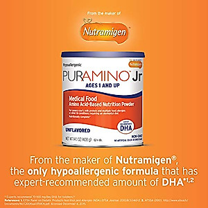 PurAmino Junior Hypoallergenic Toddler Drink, for Severe Food Allergies, Omega-3 DHA, Iron, Immune Support, Unflavored Powder Can, 14.1 Oz