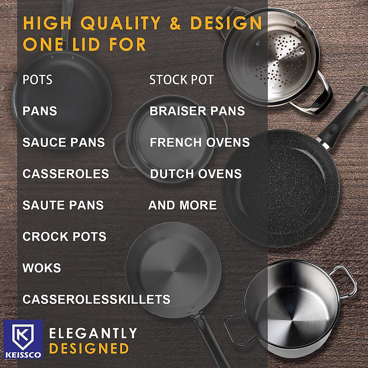 KEISSCO Stainless Steel Universal Lid for Pots, Pans and Skillets - Fits 7" to 12" Pot and Pans - Tempered Glass with Stainless Steel Rim Replacement Frying Pan Cover and Cast Iron Skillet Lid