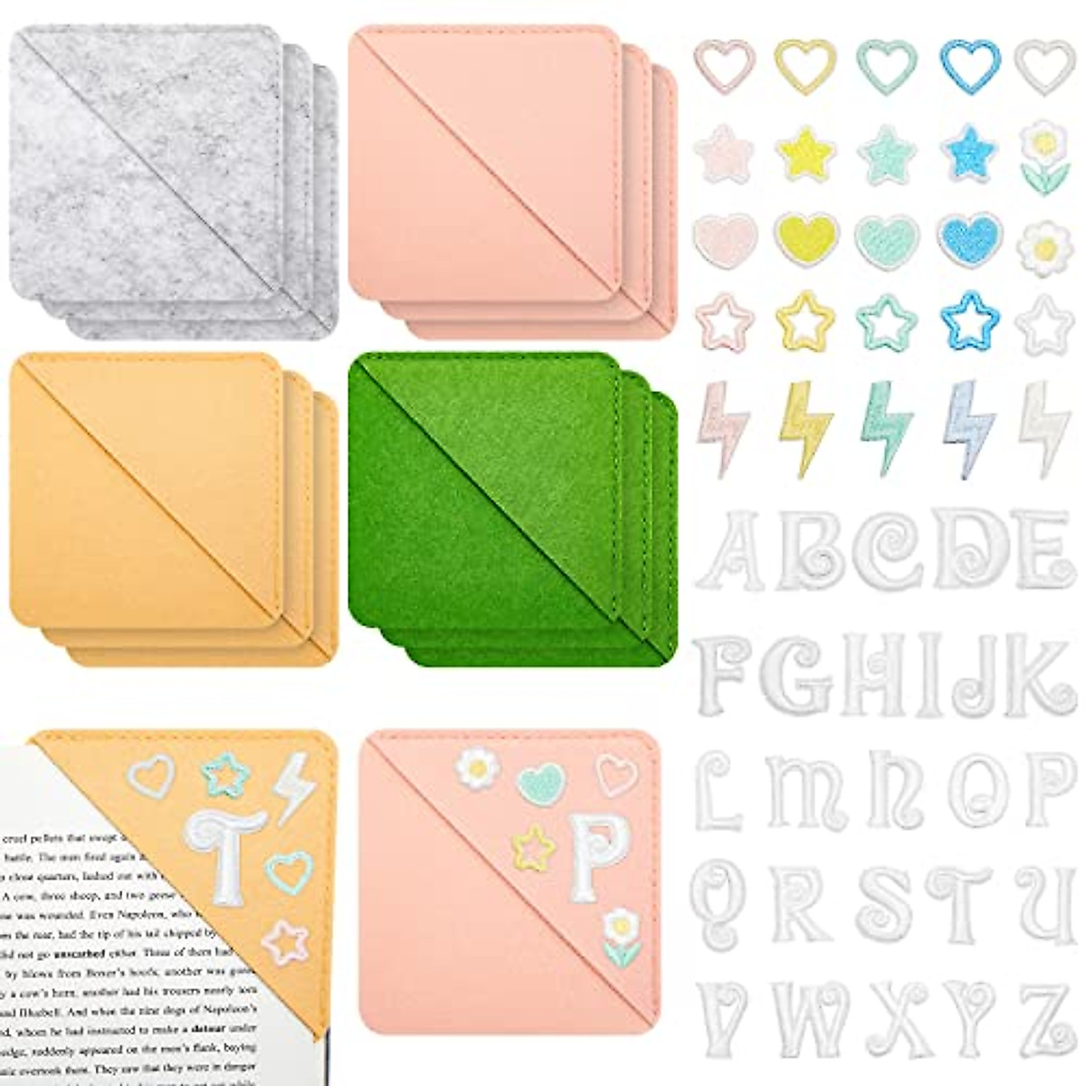 12 Pcs DIY Personalized Hand Embroidered Corner Bookmark Felt Triangle Corner Bookmarks Cute Book Marks with Stars Heart Shaped Items for Book Lovers Women Students Office Gifts Reading Accessories