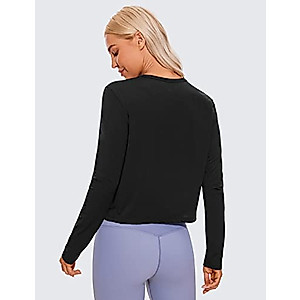 CRZ YOGA Pima Cotton Long Sleeve Workout Shirts for Women Loose Cropped Tops Athletic Sports T-Shirt Black Small