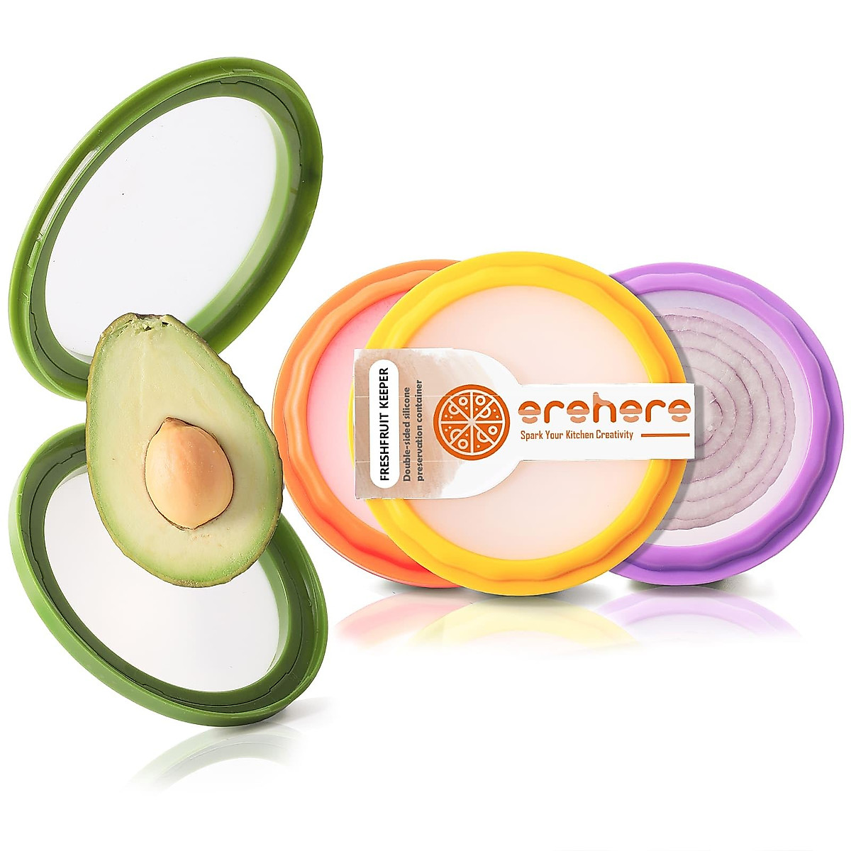 Erehere Avocado Saver and Onion Storage - 4-Piece Set Silicone Food Storage Containers, Multifunctional and Perfect for Lemons, Cheese, Tomatoes, Potatoes, Garlic