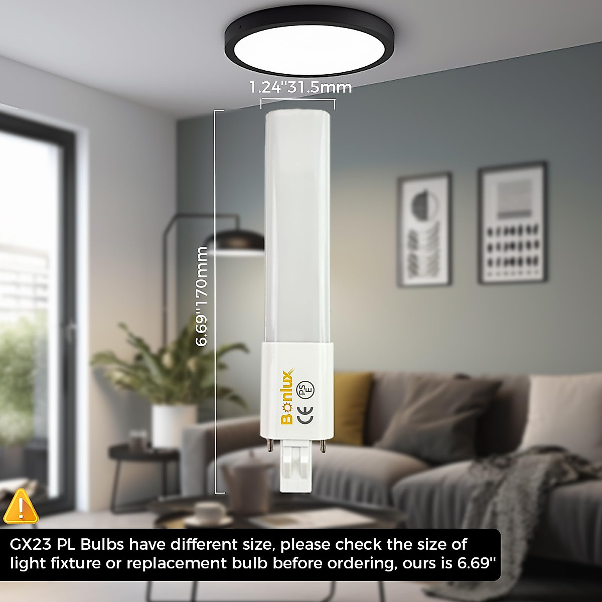 Bonlux 2-Pack 6W GX23 2-Pin LED PL Retrofit Lamp 13W GX23d CFL Replacement 180° Beam Angle Daylight 6000k LED PL Horizontal Recessed Down Light Bulb (Remove/Bypass The Ballast)