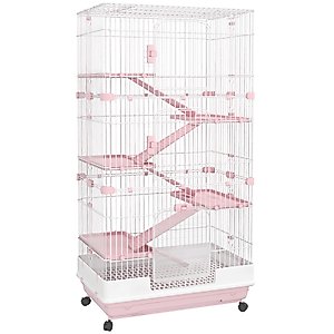 PawHut 6-Level Small Animal Cage Rabbit Hutch with Wheels, Removable Tray, Platform and Ramp for Bunny, Chinchillas, Ferret, Pink