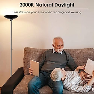 BoostArea Torchiere Floor Lamp, 24W Super Bright LED Standing Lamp, Stepless Dimmable Pole Lamp with 3000K Lighting, Rotary Switch, 70 Inch Tall Metal Modern Floor Lamps for Living Room/Bedroom Black