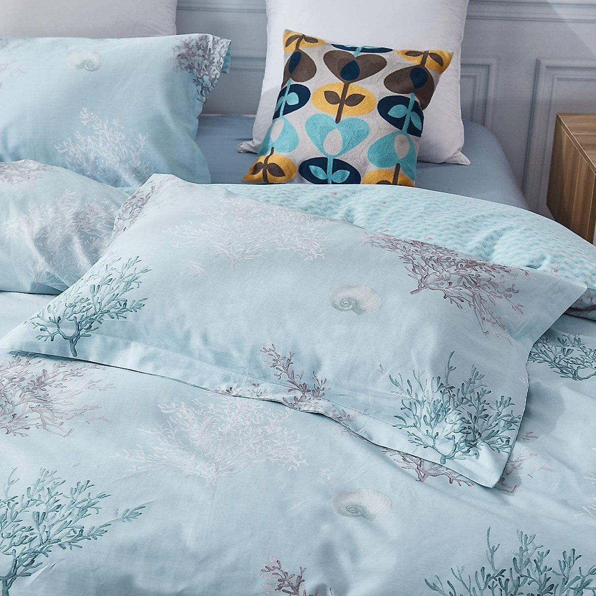 Brandream Coastal Beach Bedding Set Queen Size 100% Cotton Duvet Cover Set Tropical Coral Seashells Bedroom Set 3-Piece (No Comforter)