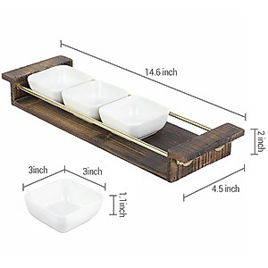 MyGift 5 Piece White Ceramic Small Dip Bowl and Burnt Wood Serving Tray Party Set, Mini Condiment Dipping Bowls for Appetizer, Soy Sauce, BBQ