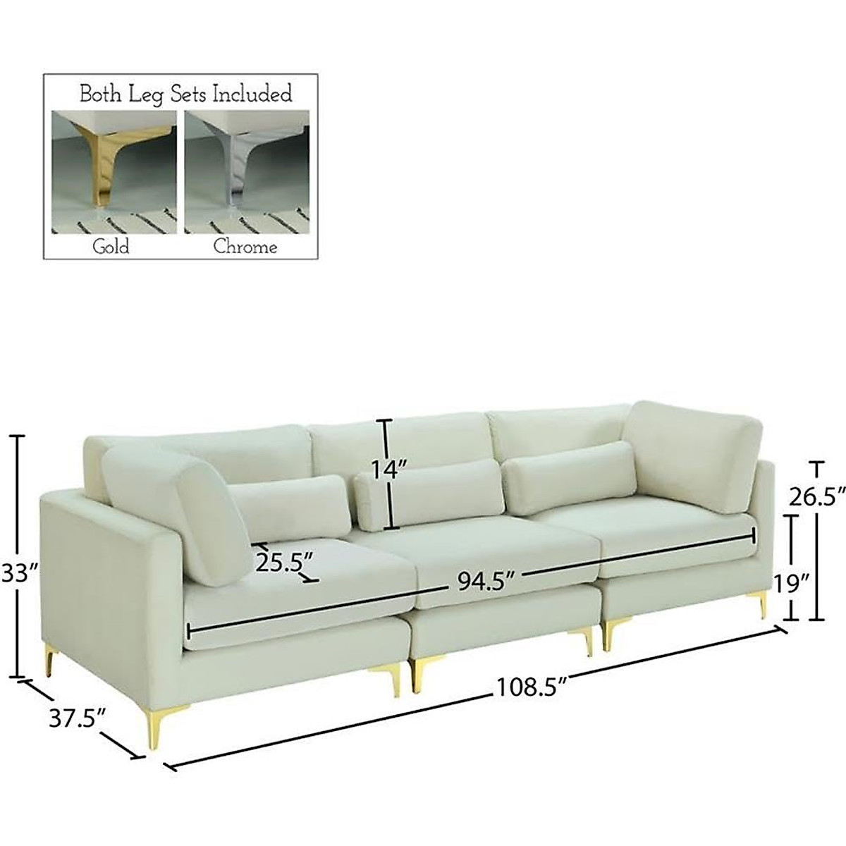 Meridian Furniture 605Cream-S108 Julia Collection Modern | Contemporary Velvet Upholstered Modular Sofa with Complete Sets of Gold and Chrome Legs Included, Cream, 108" Wide