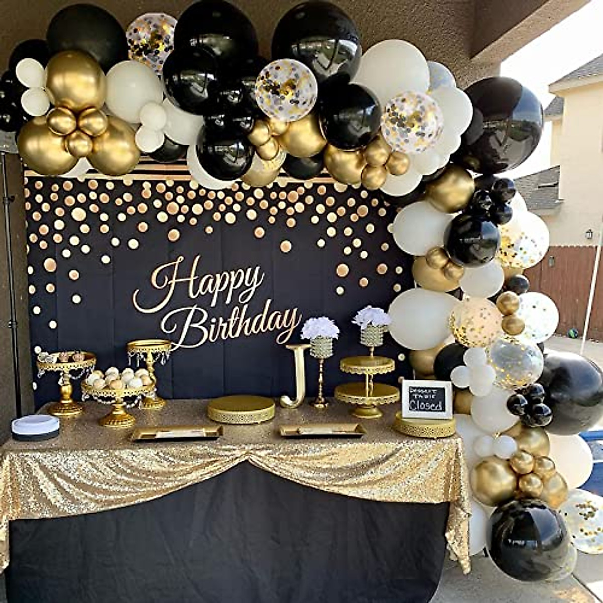 Black and Gold Balloons Garland Arch Kit, 124pcs 18 12 10 5 In Black White Metallic Gold Confetti Latex Balloons Arch Kit for Graduation Baby Shower Birthday Wedding With Balloon Strip and Gold Ribbon