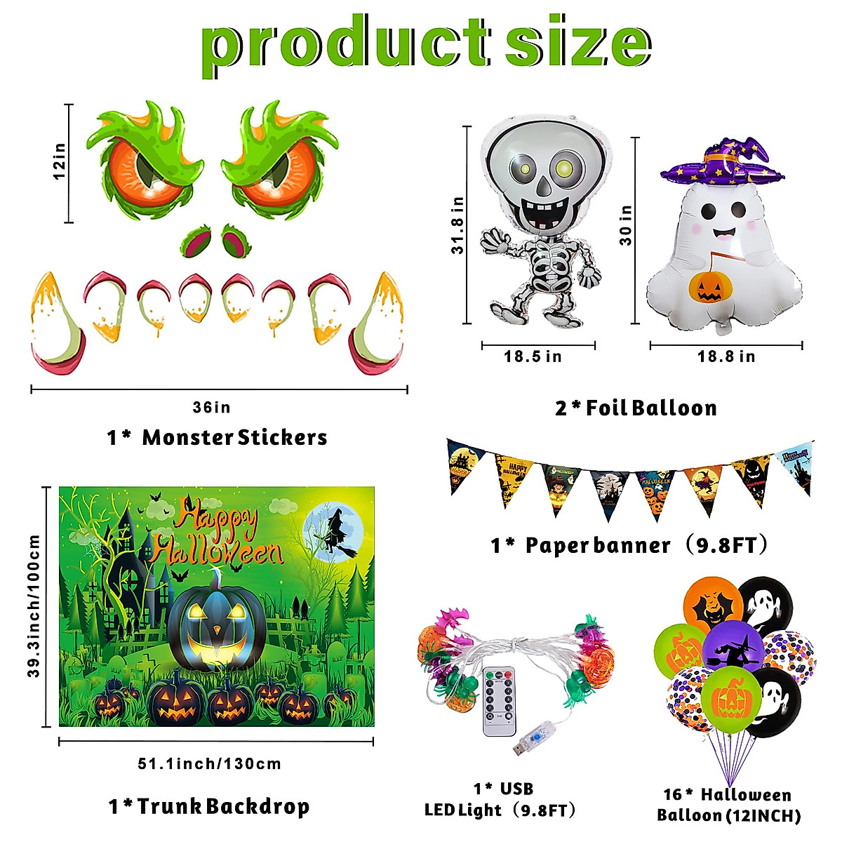 Vlipoeasn Halloween Trunk or Treat Car Decorations, Halloween Cute Scary Monsters PVC Stickers, Happy Halloween Pumpkin Banner, Balloons, Green Halloween Decor for Car Garage Door Entryway Archway