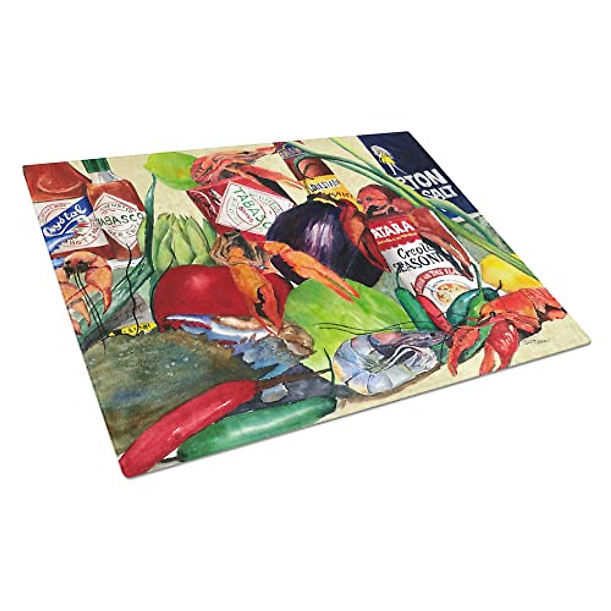 Caroline's Treasures 1020LCB Spices and Crawfish Glass Cutting Board Large Decorative Tempered Glass Kitchen Cutting and Serving Board Large Size Chopping Board