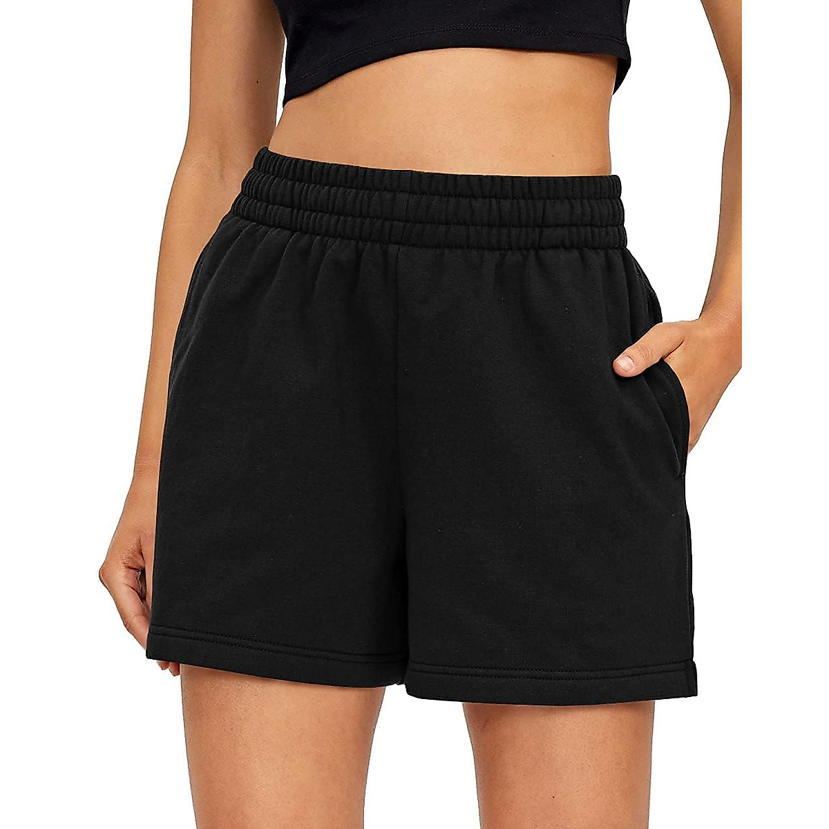 AUTOMET Womens Sweat Shorts Casual Summer Drawstring Comfy Elastic High Waist Running Clothes with Pockets Black S