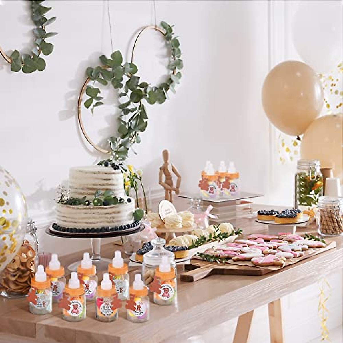 48 Pcs 1.5 x 3.4 Inch Mini Baby Bottle Shower Feeding Bottle Favor with 500 Adhesive Baby Shower Thank You Stickers and 48 Pcs Bear Shaped Decors for Baby Shower Party