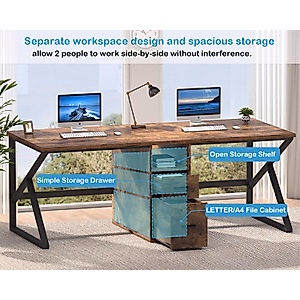IBF 79" Two Person Office Desk,Large Double Long Pc Desk with File Drawer, 2 Person Computer Desk with Storage Cabinet Shelf, Industrial Wood Modern Work Dual Computer Table for Home, Rustic Brown