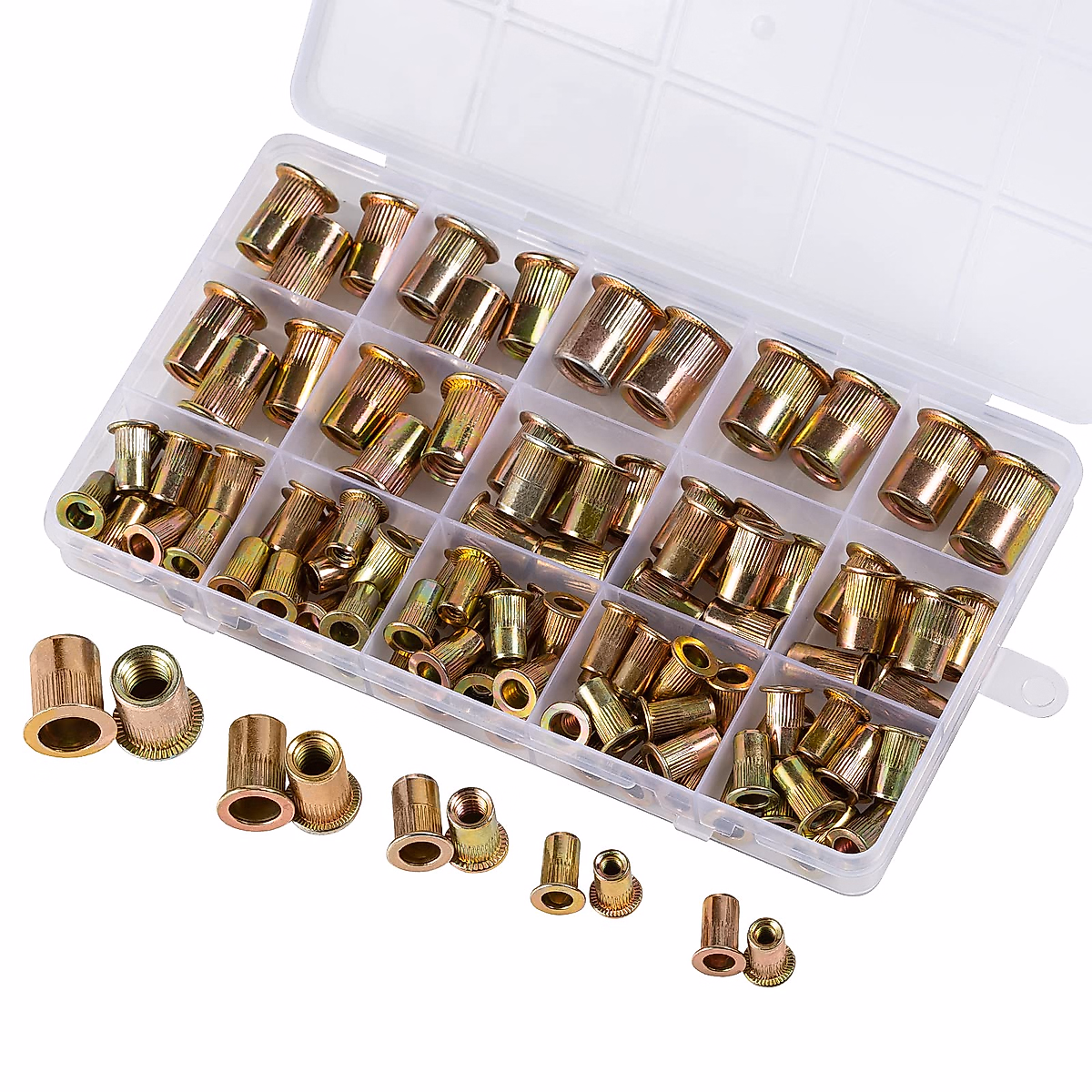 Jotyua Rivet Nut 110pcs #8-32#10-24 1/4"-20 5/16"-18 3/8"-16 Carbon Steel UNC Rivet Nuts Assortment Kit, Yellow Zinc Plated Finish, Flat Head Threaded Insert Nut Assort