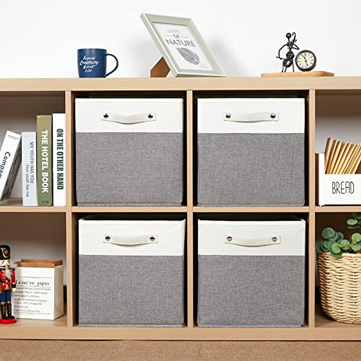 Araierd Fabric Storage Cube Bins |12x12 Cube Storage Bin with Handle, Cubby Closet Storage Bins Baskets for Organizing Shelves for Toy, Clothes(White&Grey)(12”x12”x12”-Pack of 4)