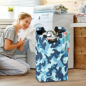 Kigai Blue Camo Camouflage Laundry Basket Large Collapsible Waterproof Laundry Hamper with Handles Portable Storage Basket Dirty Clothes Toys Organizer for College Dorms, Nursery, Bathroom