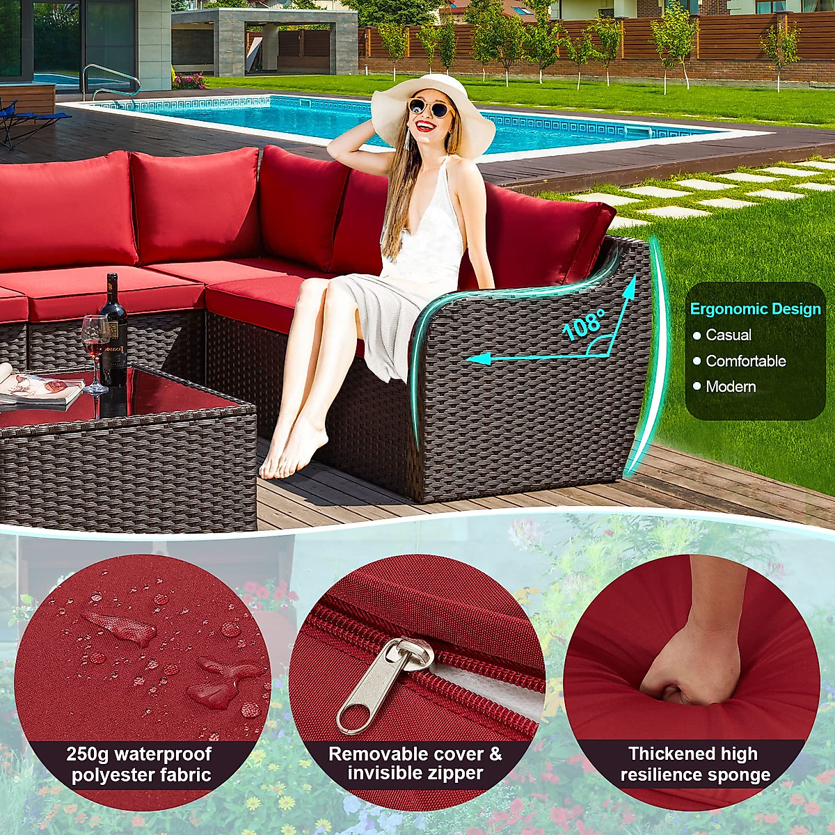 HOMREST 7 Piece Patio Furniture Set, PE Rattan Sectional Sofa, High Back Outdoor Furniture Set, Wicker Patio Conversation Set with Cushion and Glass Table for Garden, Backyard, Poolside(Khaki+Red)