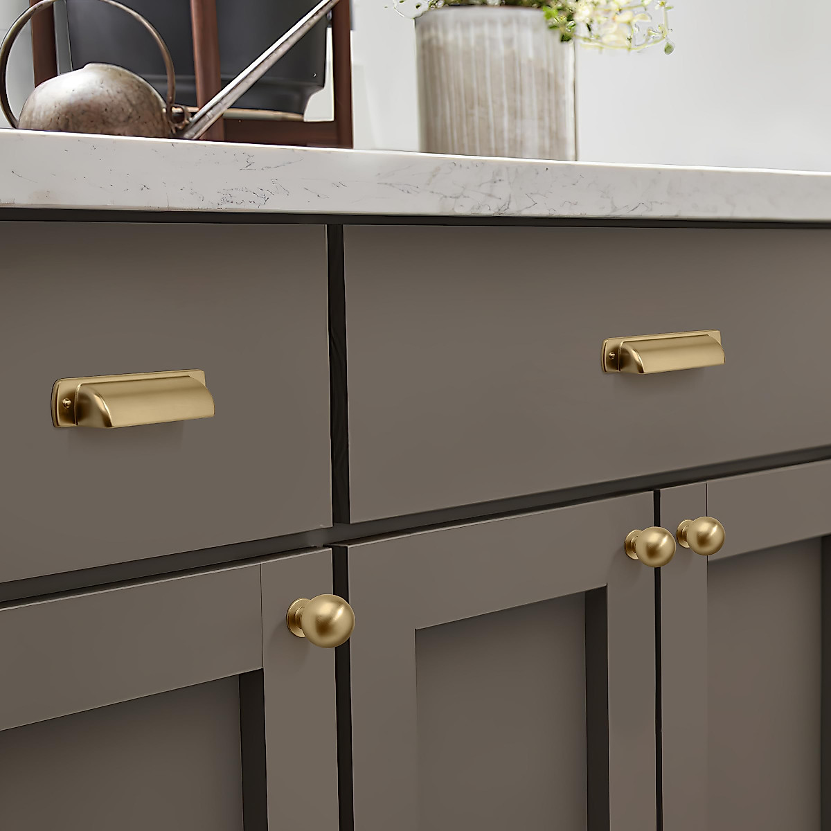 CABDM 10 Pack 1 Inch Vintage Ball Champagne Bronze Cabinet Knobs Kitchen Cabinet Hardware Satin Brass Drawer Knobs Pulls for Drawers.