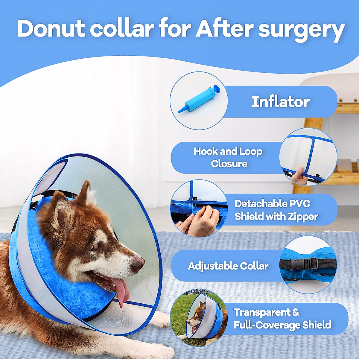 NoarWin Inflatable Dog Cone Collar, Soft Dog Cone for Dogs After Surgery, 2-in-1 Inflatable Dog Cone with Detachable Anti-Licking Shield, Adjustable Dog Cone Collar, Elizabethan Collar (L, Blue)