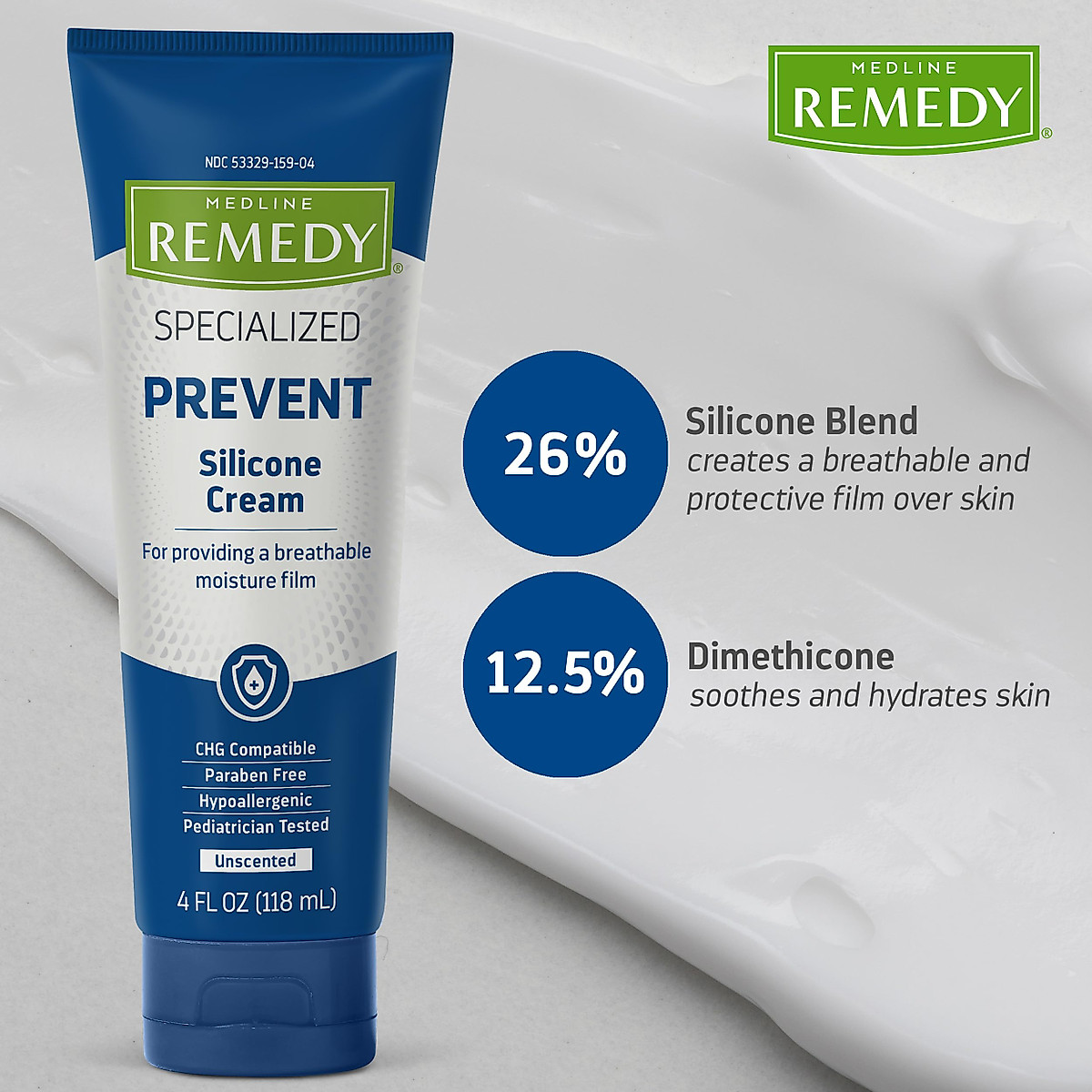 Medline Remedy Specialized Silicone Cream, Unscented (4 fl oz), 12 Count, Gentle Breathable Film for All Ages, Paraben-free and Hypoallergenic Skin Care Cream, Barrier Cream for Dry Cracked Skin