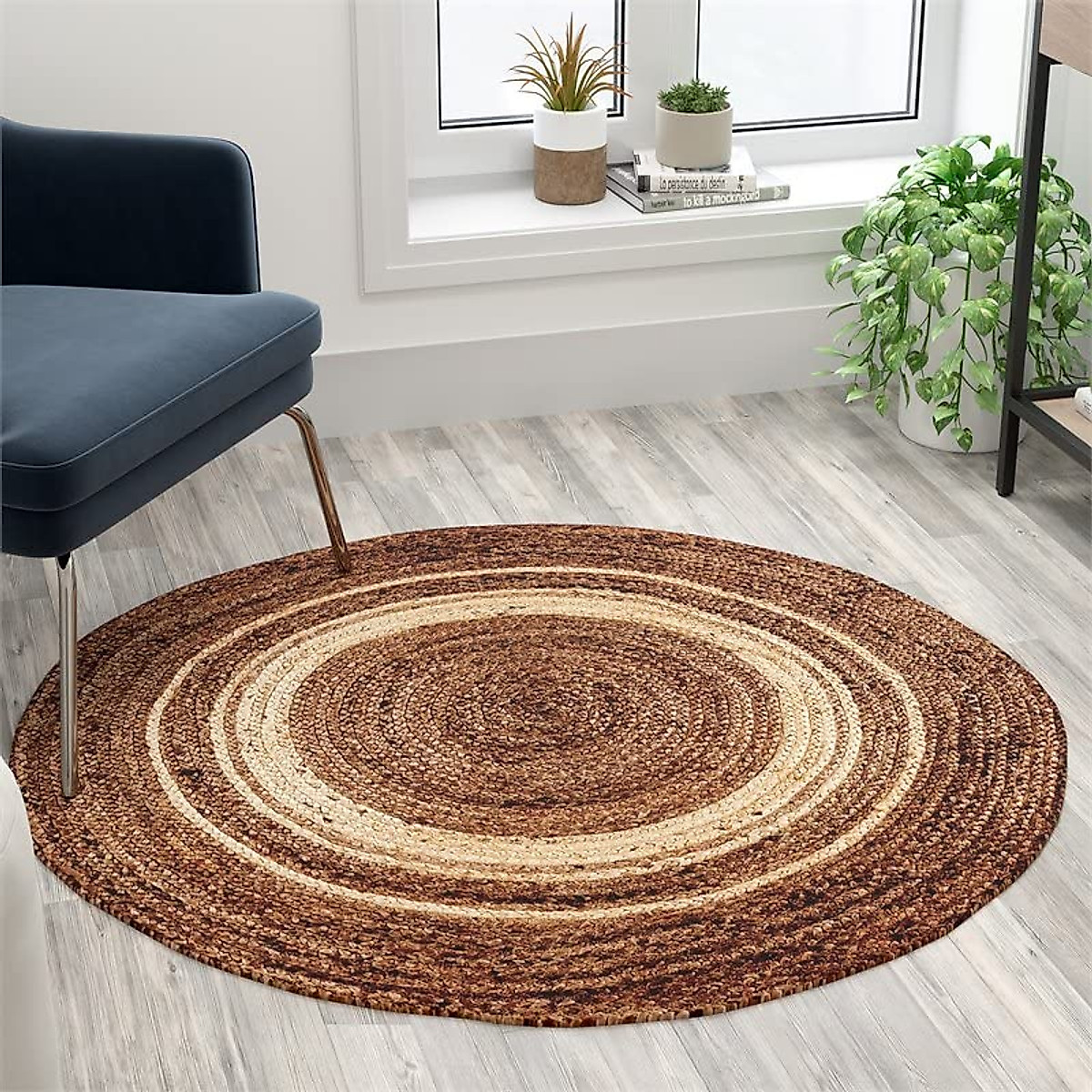 Flash Furniture Prima Natural Fiber Jute Area Rug 4 Foot Round - Braided Indoor Jute Rug - Natural Area Rugs