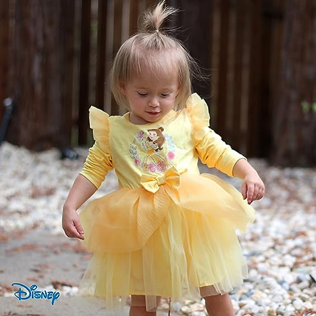 Disney Princess Belle Baby Girl Dress Tulle Tutu with Bow Long Sleeve Birthday Clothes Theme Party Dress Up Dresses Yellow 6-9 Months