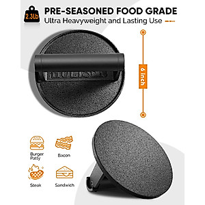 HULISEN Pre-Seasoned Cast Iron Burger Press, Heavy Duty 6” Burger Smasher for Griddle with Heat Resistant Handle, Grill Press for Hamburger, Bacon, Meat, Steak, Patty, Barbecue Grilling Tool, 2.3lb