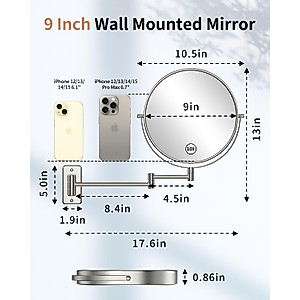 Benbilry 9" Large Size Wall Mounted Makeup Vanity Mirror, 1X/10X Magnifying Double Sided Shaving Mirror for Bathroom, 360° Swivel Extendable Arm Nickel Finish