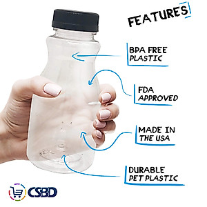 CSBD 8oz Plastic Juice Bottles with Tamper Evident Lids, 10 Pack, Food Grade Safe PET with No BPA, Apple, Kombucha, Tea, Cold Brew or Milk Bulk Containers, Reusable