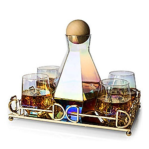 Diamond Iridescent Glass Diamond Decanter and Glasses Set, The Wine Savant Rainbow Iridescent Comes With A Diamond Decanter 4 Whiskey/Wine Diamond Glasses, 1 Tray and a Perfect Box