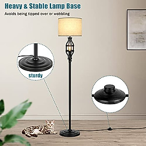 Farmhouse Floor Lamp with Night Light, Black Standing Lamp for Living Room, Vintage 2-Light Tall Lamp with Fabric Drum Shade, Industrial Pole Light with E26 Edison Base for Bedroom Home Decor