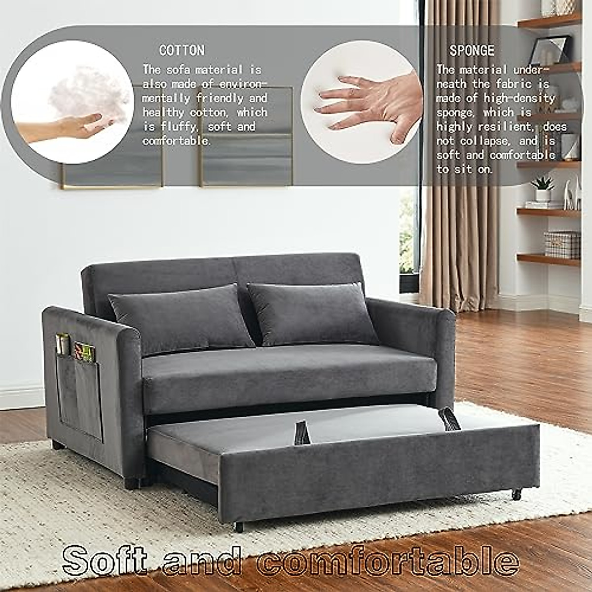 ERYE 3-in-1 Loveseat Futon Sofa Convertible Sleeper Couch Bed, Functional 2-Seater Love Seat W/Pull Out Sleep Sofá Bed & Reclining Backrest for Home Office Loft RV