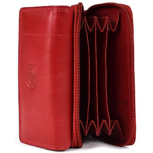 Ladies Soft Nappa Leather Zip-around Wallet, Double Credit Card Swing Section (Dark Red)