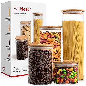 EATNEAT 4-Piece Airtight Glass Kitchen Canisters with Bamboo Lids - Bamboo Glass Storage Containers that Offer Modern Style and Clean Kitchen Organization - Includes 74, 56, 36, and 20 Ounce Sizes